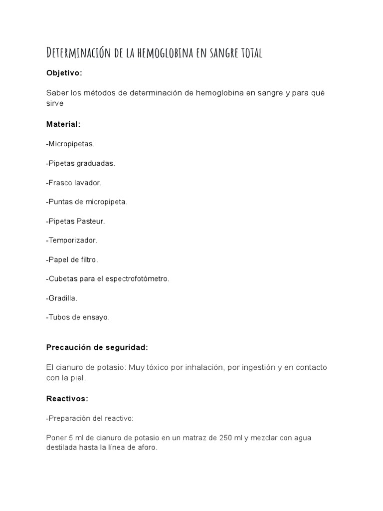 Determinación de La Hemoglobina en Sangre Total | PDF | Química ...