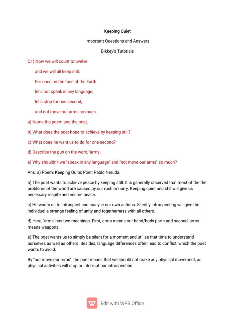 Keeping Quiet Questions Answers | PDF