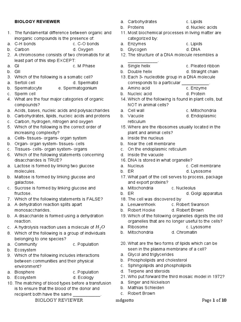 Biology Reviewer Questions | PDF | Cell (Biology) | Photosynthesis