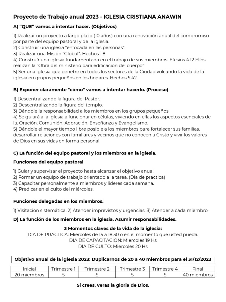Proyecto de Trabajo Anual 2023 - Iglesia Cristiana Anawin - Ejemplo | PDF