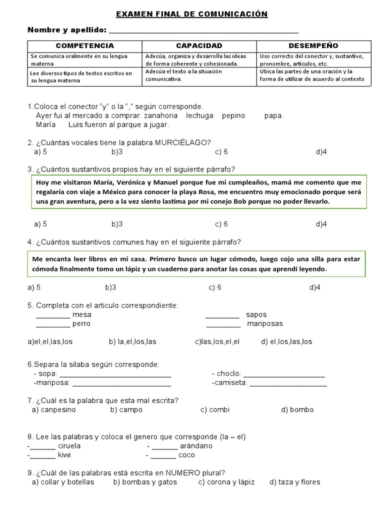 Examen Final de Comunicación y Matemática | PDF | Perú | Gramática