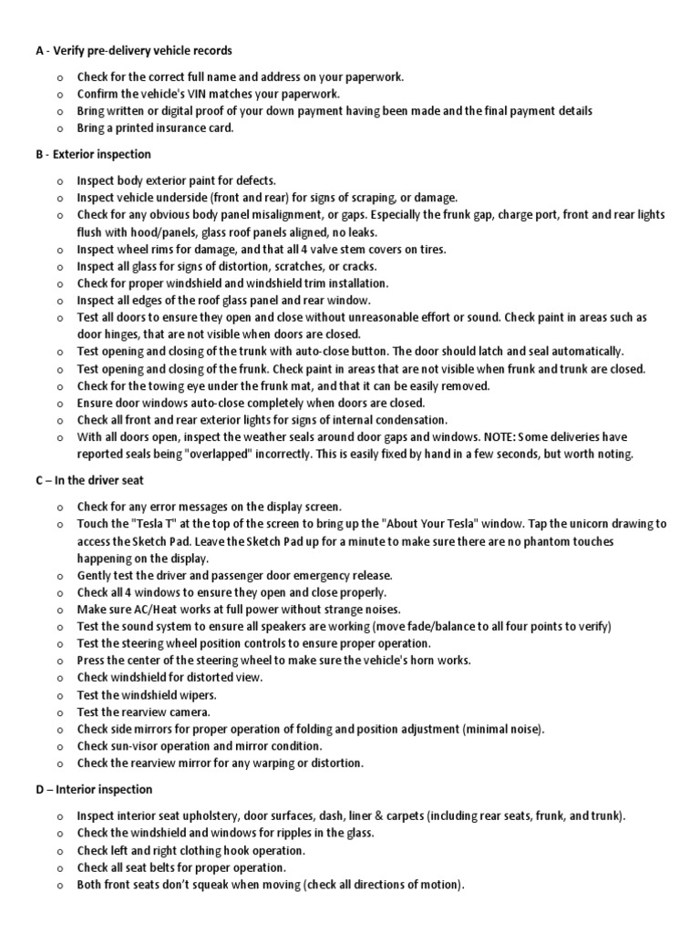 Tesla Delivery Checklist | PDF | Trunk (Car) | Door