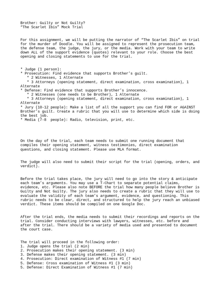The Scarlet Ibis - Mock Trial - Google Classroom Directions | PDF ...