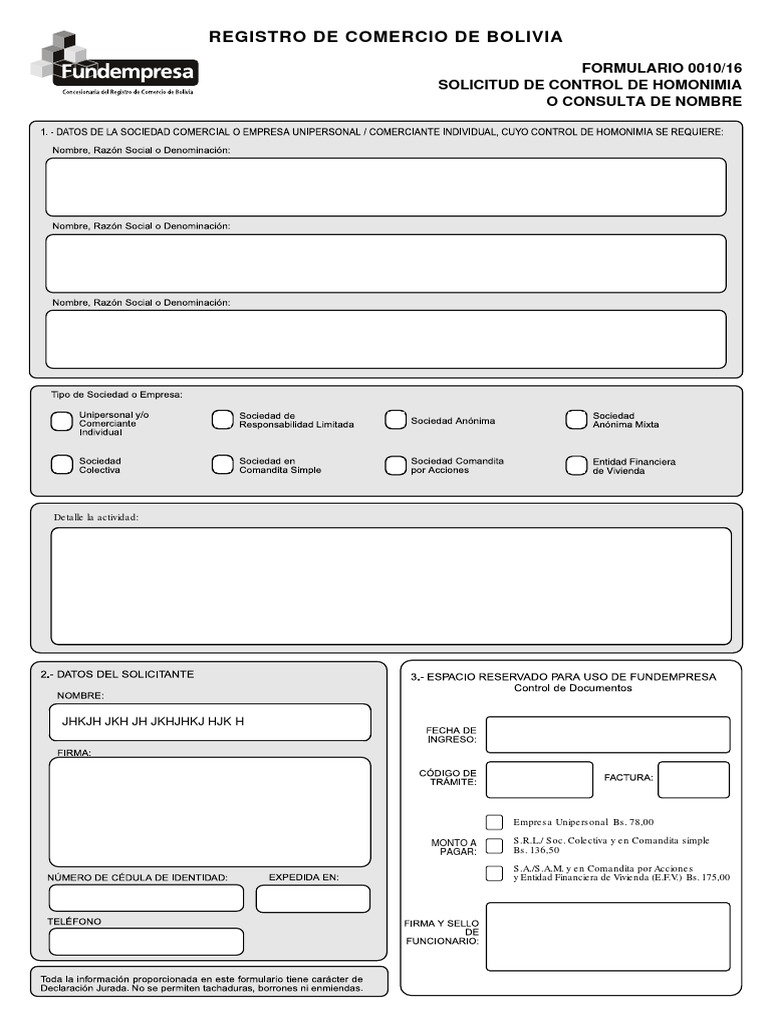 Formulario 0010 Control de Homonimia | PDF