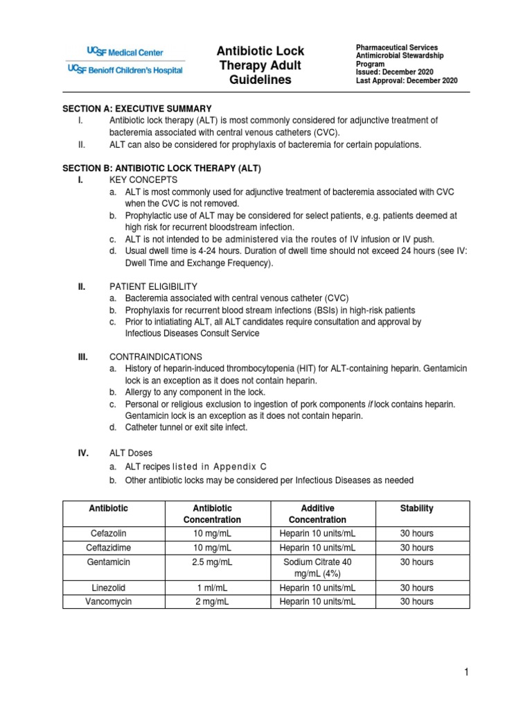 Antibiotic Lock Therapy (ALT) Adult Guideline Dec 2020 | PDF | Syringe ...