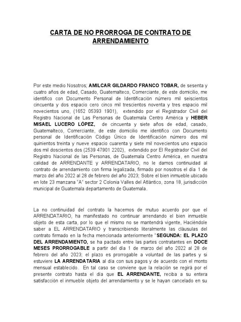Carta de No Prorroga de Contrato de Arrendamiento. Amilcar Franco | PDF Carta de No Prorroga de Contrato de Arrendamiento. Amilcar Franco | PDF
