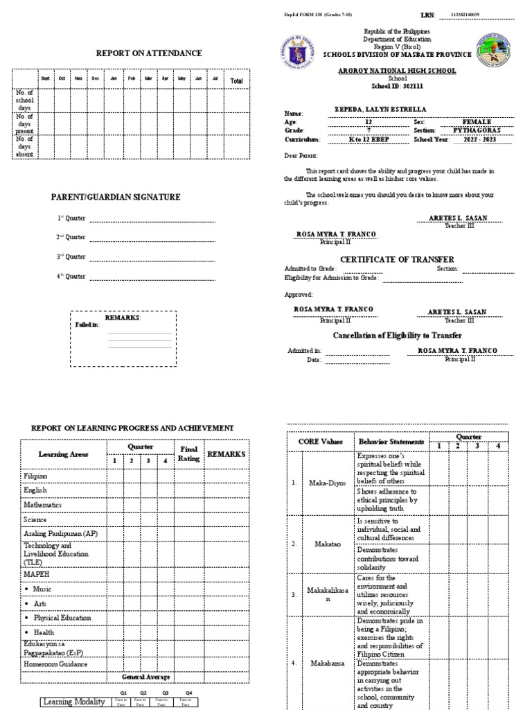 DepEd FORM 138 Report on Attendance | PDF