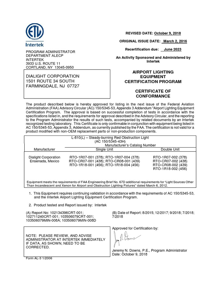 L-810 Certificado Conforme Faa - Rto Series - Exp 06 - 2023 | PDF | Federal Aviation ...