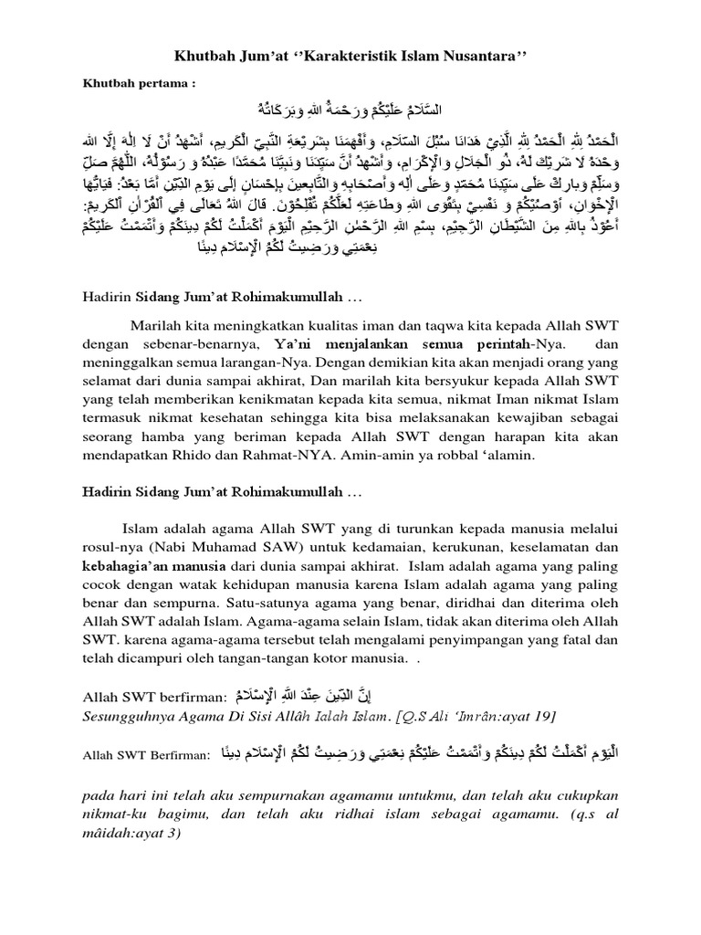 Khutbah Jumat Karakteristik Islam Nusantara | PDF