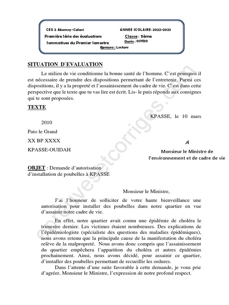 1er Devoir Du 1er Semestre Lecture 5ème 2022-2023 Ceg2 Abomey-Calavi | PDF