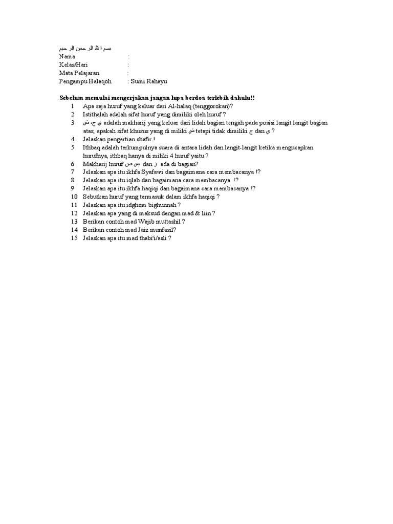 Soal Uts Tahsin Sumi | PDF