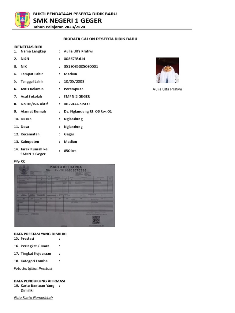 BUKTI PENDATAAN PPDB Aulia Ulfa Pratiwi | PDF