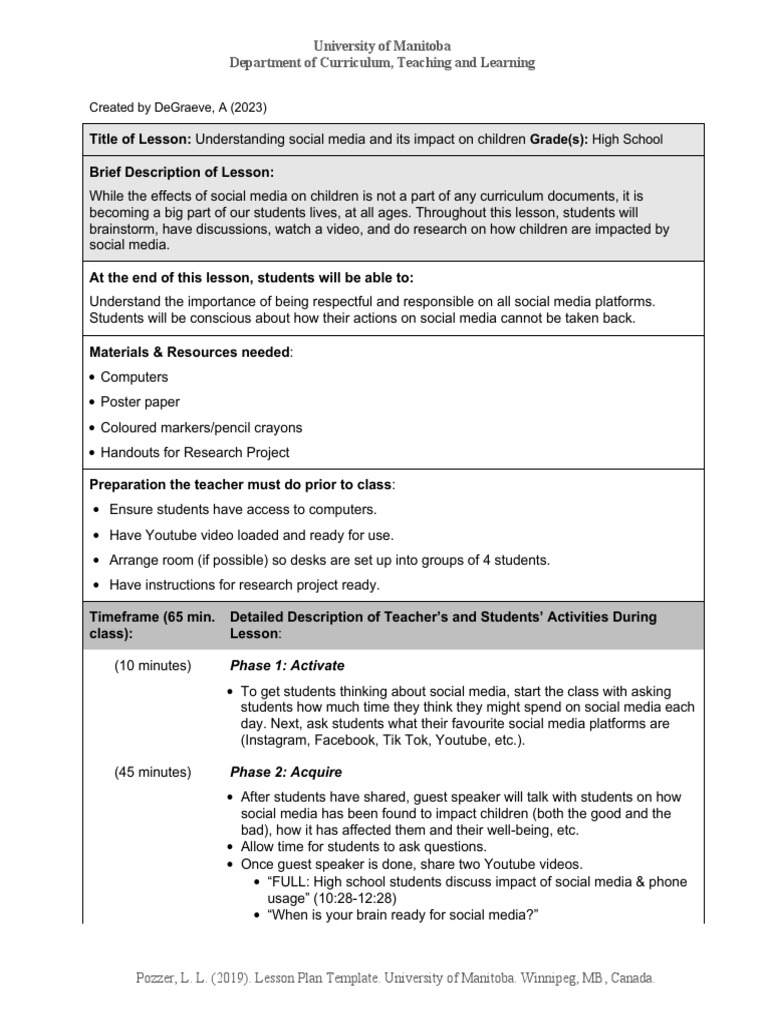 Social Media Impact Lesson Plan for High School | PDF | Social Media ...