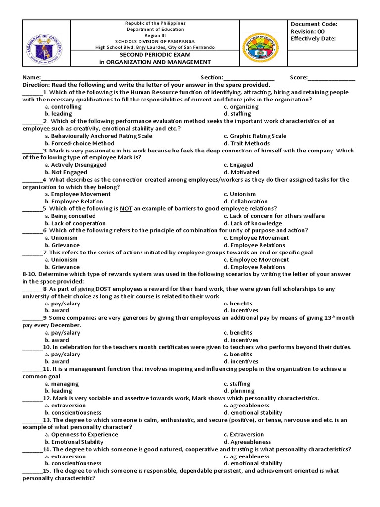 Organization and Management 2nd Quarter Exam | PDF | Leadership | Balance Sheet
