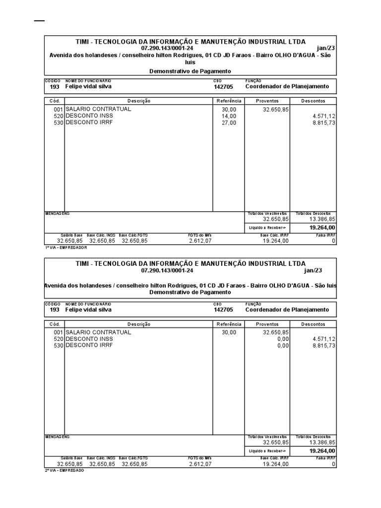 Contra Cheque Mês 01 23 | PDF | Relações industriais | Ética de negócios