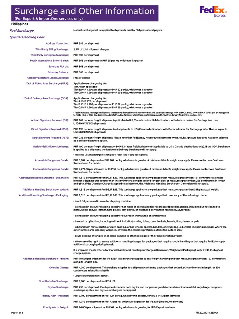 Fedex Rates Sur en PH 2023 | PDF | Cargo | Fee