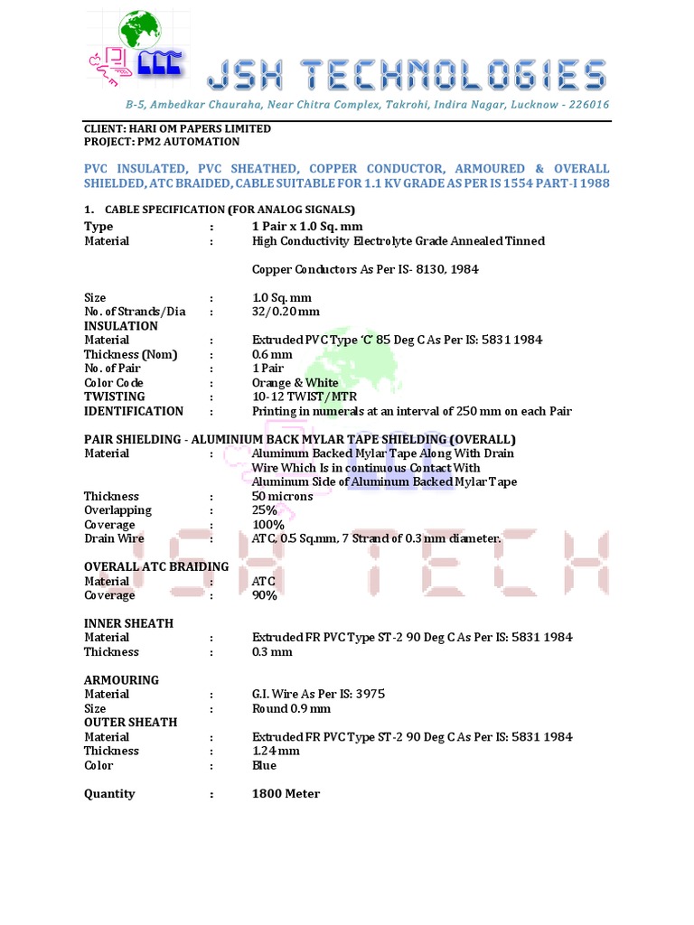 Cable Specification | PDF | Wire | Electrical Conductor