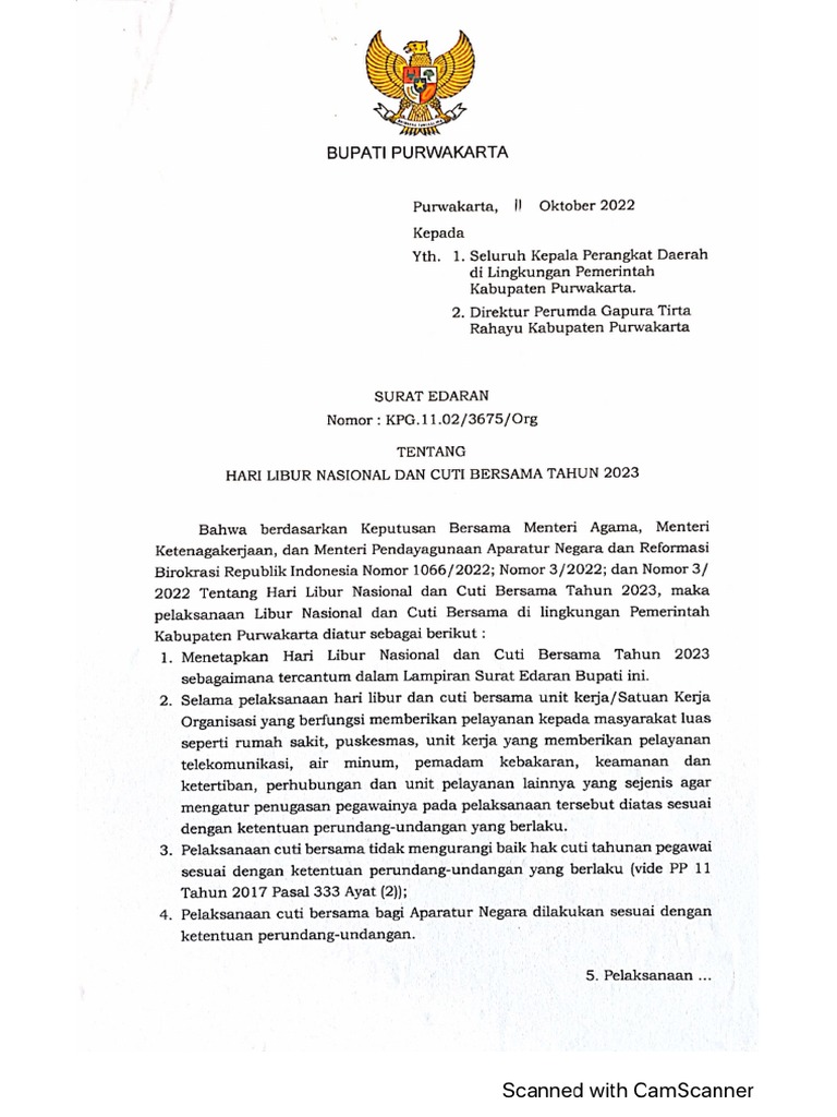Surat Edaran Hari Libur Nasional Dan Cut | PDF