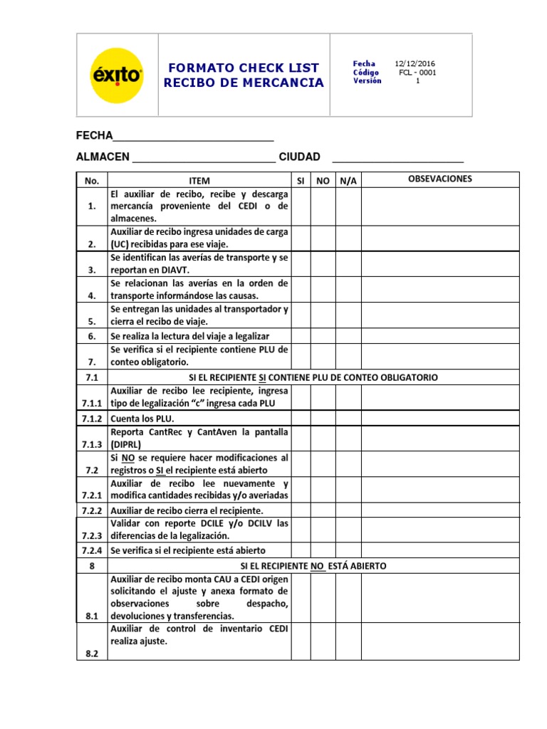 Check List Recibo FCL-0001 V.1 | PDF | Negocios