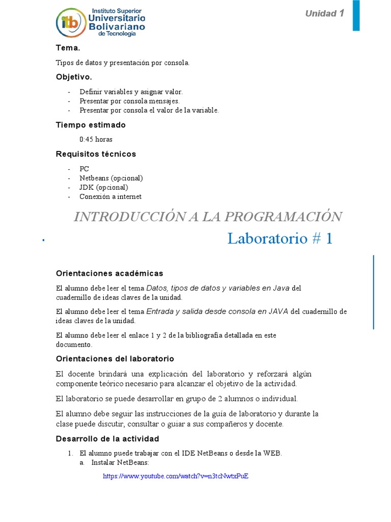 TALLER -LABORATORIO 1 (1) | PDF | Java (lenguaje de programación) | Programación