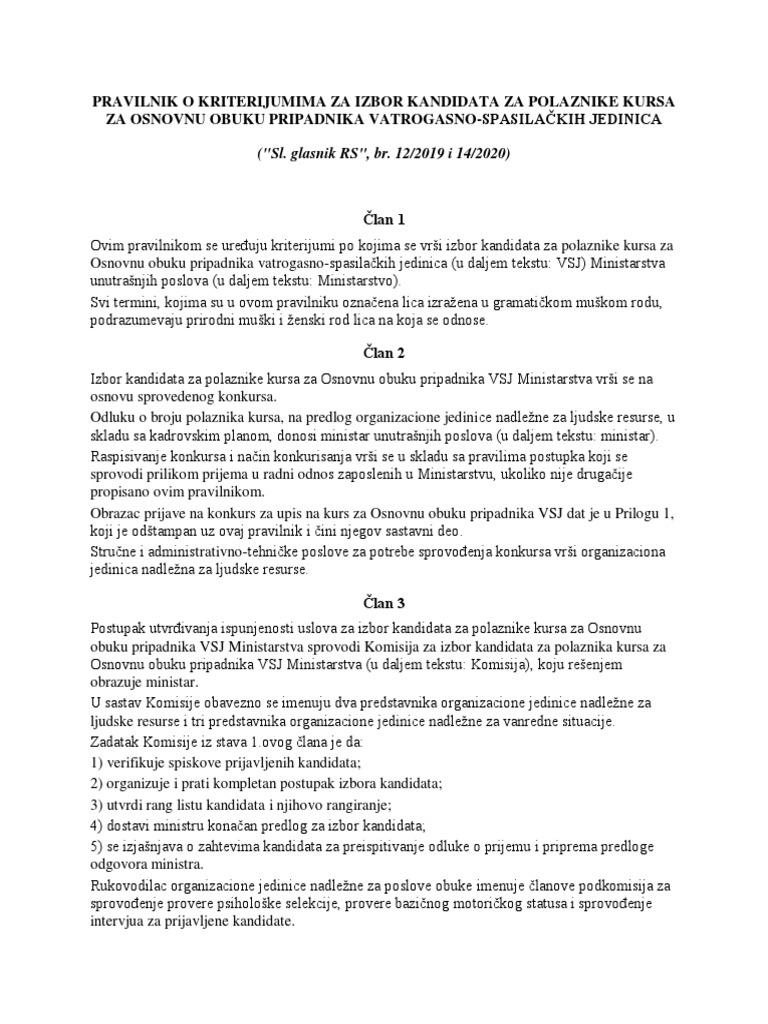 PRAVILNIK o Kriterijumima Za Izbor Kandidata Za Polaznike Kursa Za Osnovnu Obuku Pripadnika VSJ ...