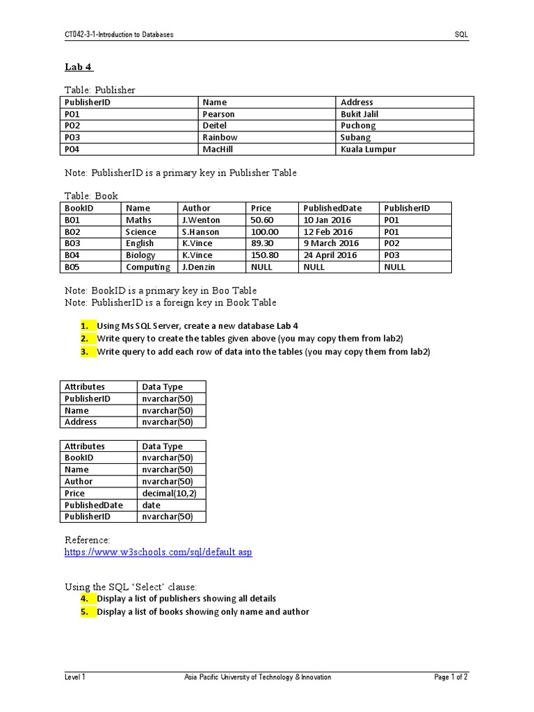Lab 4 | PDF | Table (Database) | Databases