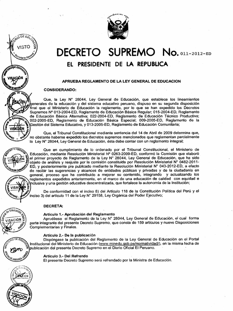 DS Nro 011-2012-ED Reglamento de La Ley N 28044 | PDF