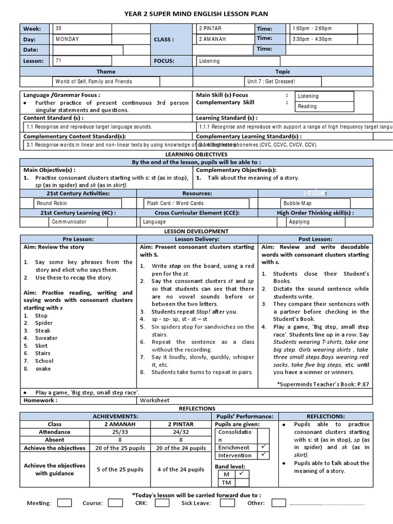 Year 2 English Lesson Plan: Consonant Clusters | PDF | English Language ...