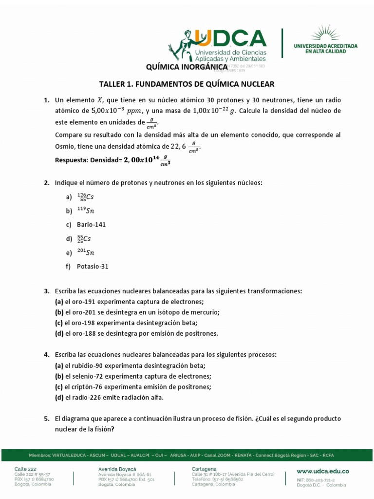Taller 1. Fundamentos de QuÃ - Mica Nuclear | PDF | Desintegración ...
