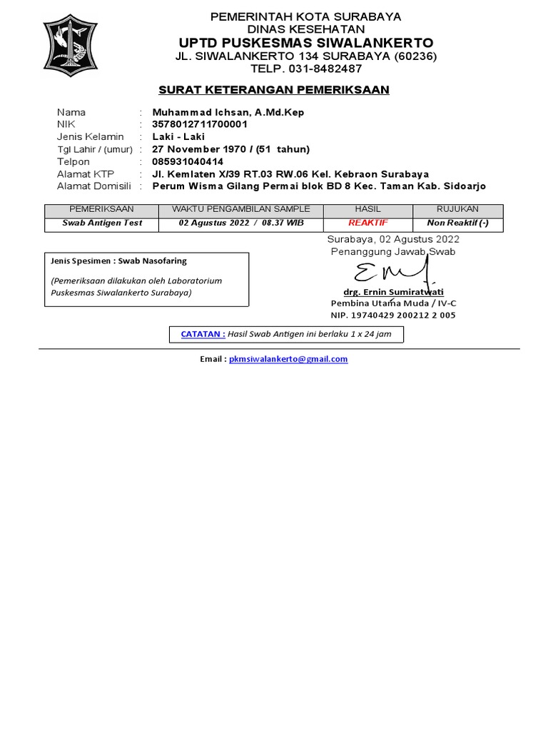 Form Hasil Pemeriksaan Swab Antigen Dengan Waktu - Manual | PDF