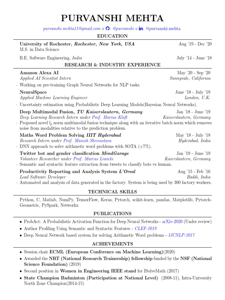 Purvanshi Mehta MS Data Science resume | PDF | Deep Learning ...