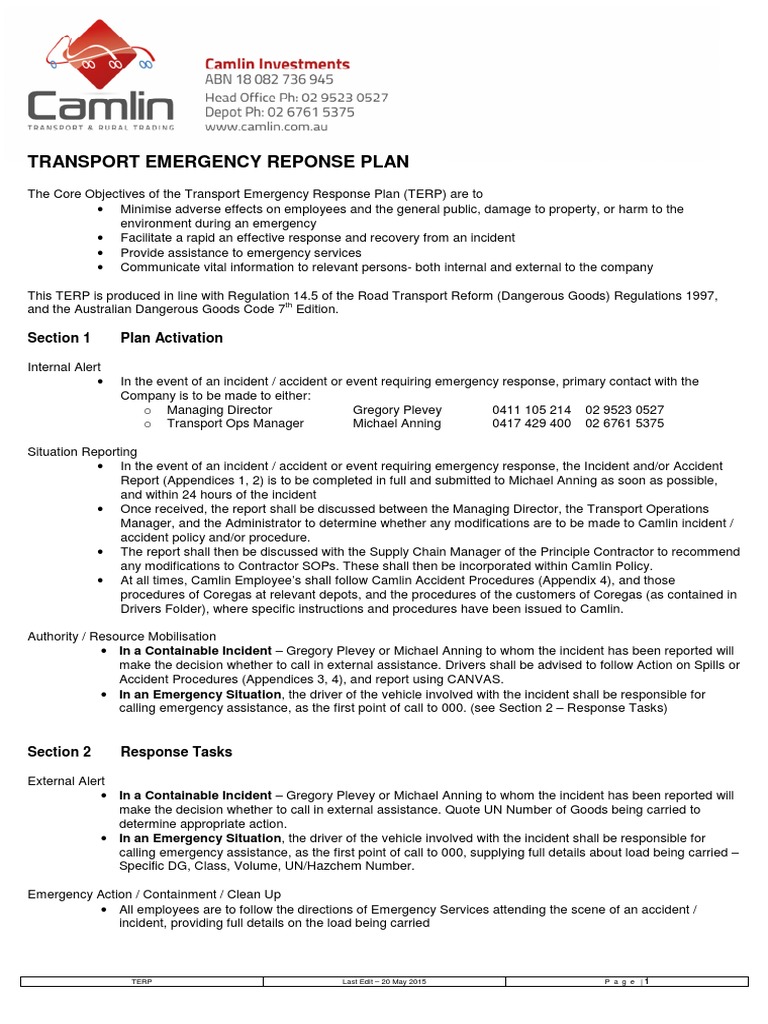 Transport Emergency Response Plan | PDF | Emergency | Dangerous Goods