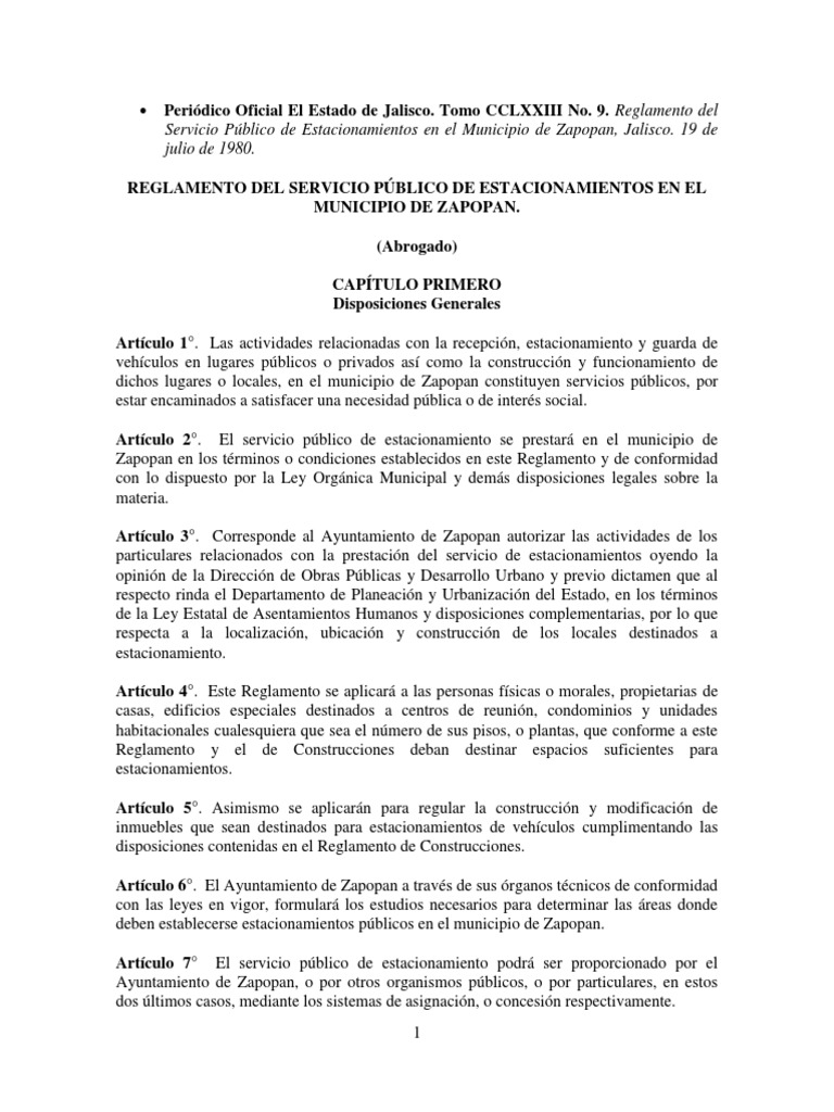 Reglamento Del Servicio Público De Estacionamientos En El Municipio De