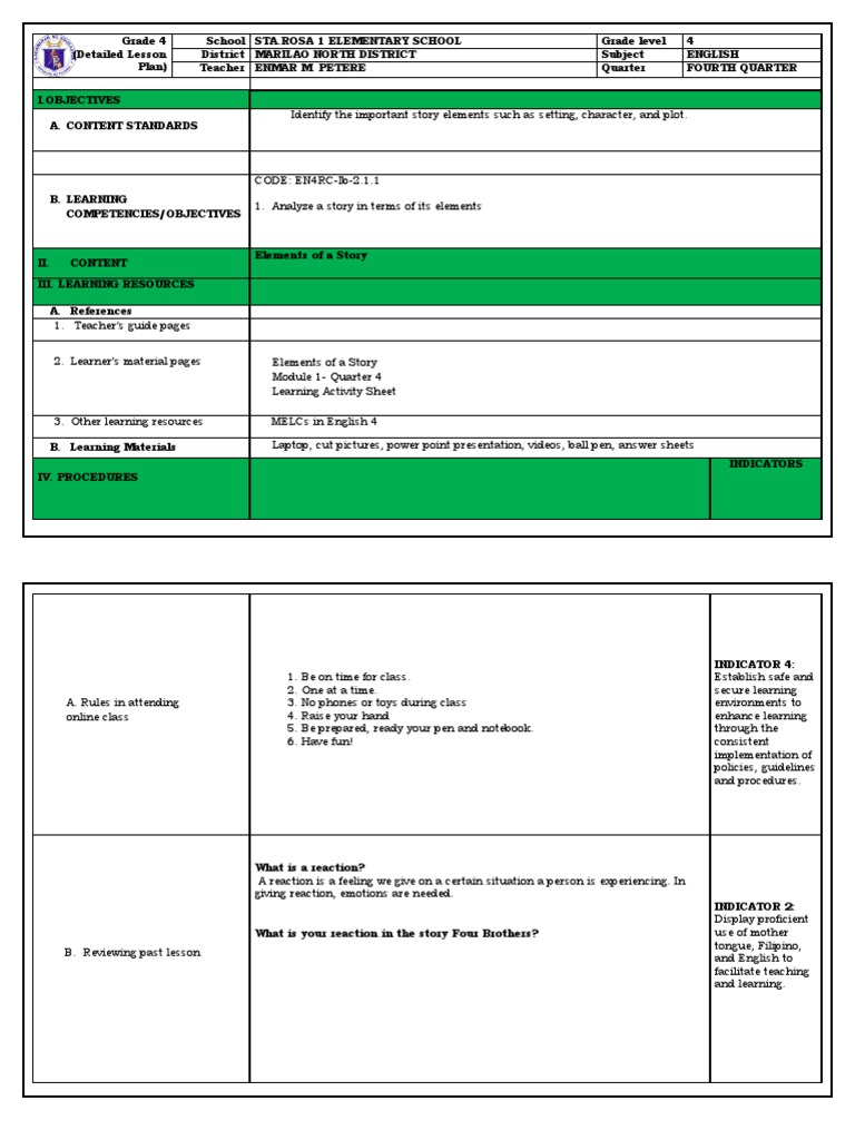 COT - 4th Quarter - Elements of Story - Petere | PDF | Learning | Teachers