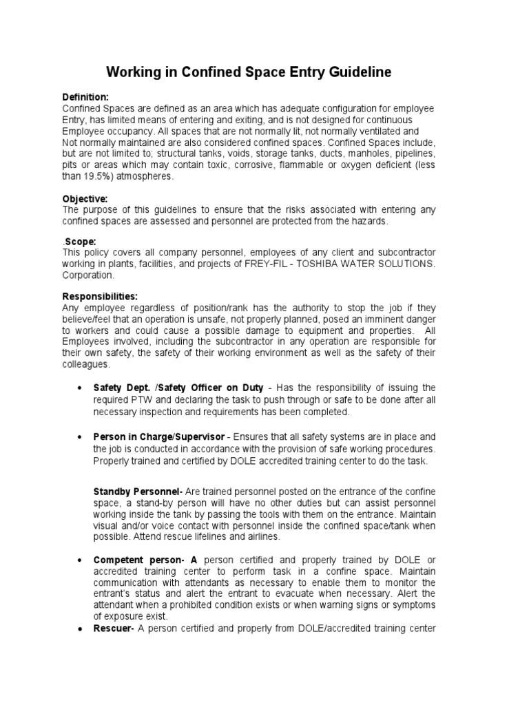 Working in Confined Space Entry Guideline | PDF | Occupational Safety ...