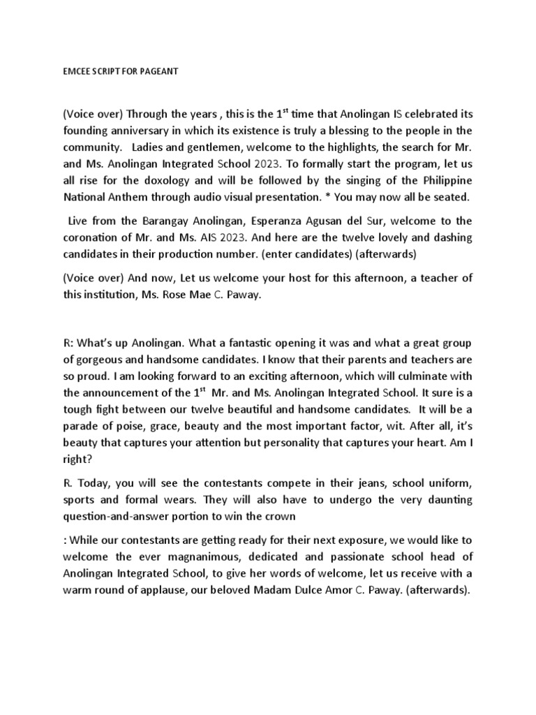 Emcee Script For Pageant | PDF