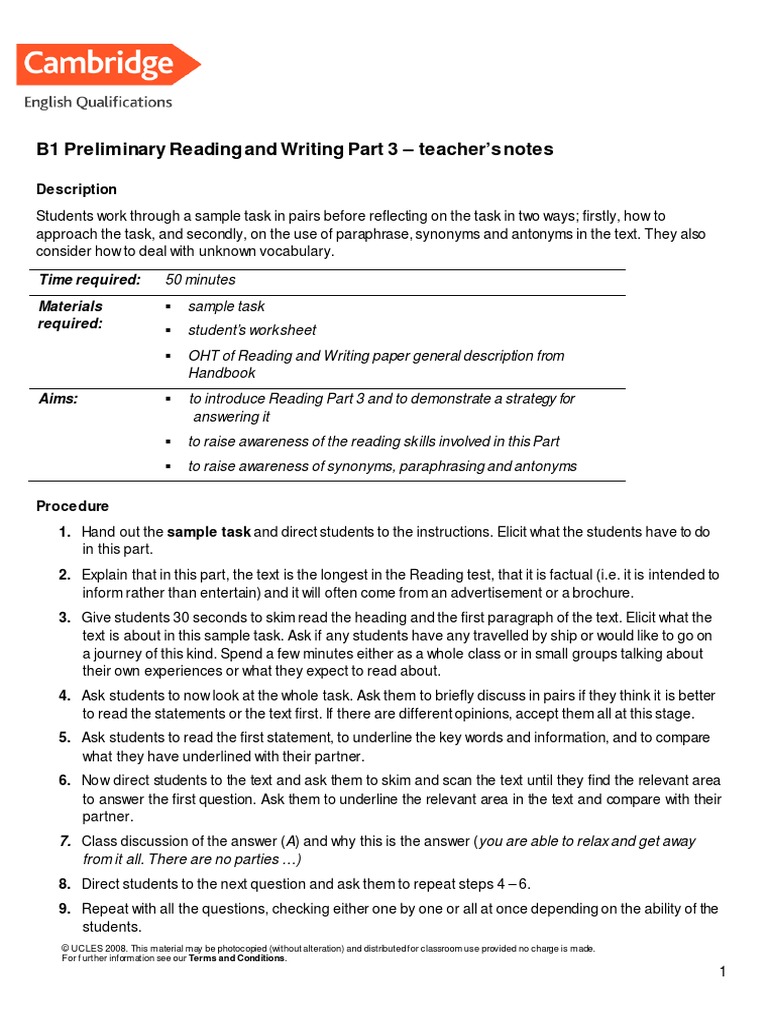 Cambridge English b1 Preliminary Reading and Writing Part 3 | PDF