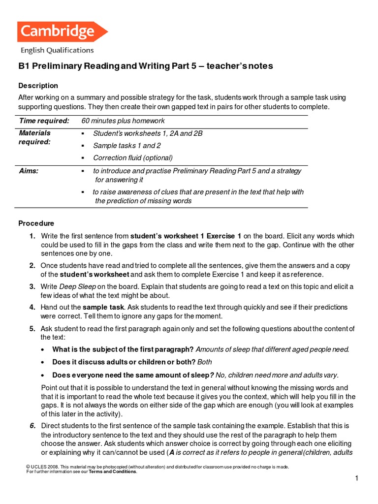 Cambridge English b1 Preliminary Reading and Writing Part 5 | PDF | Worksheet | Linguistics