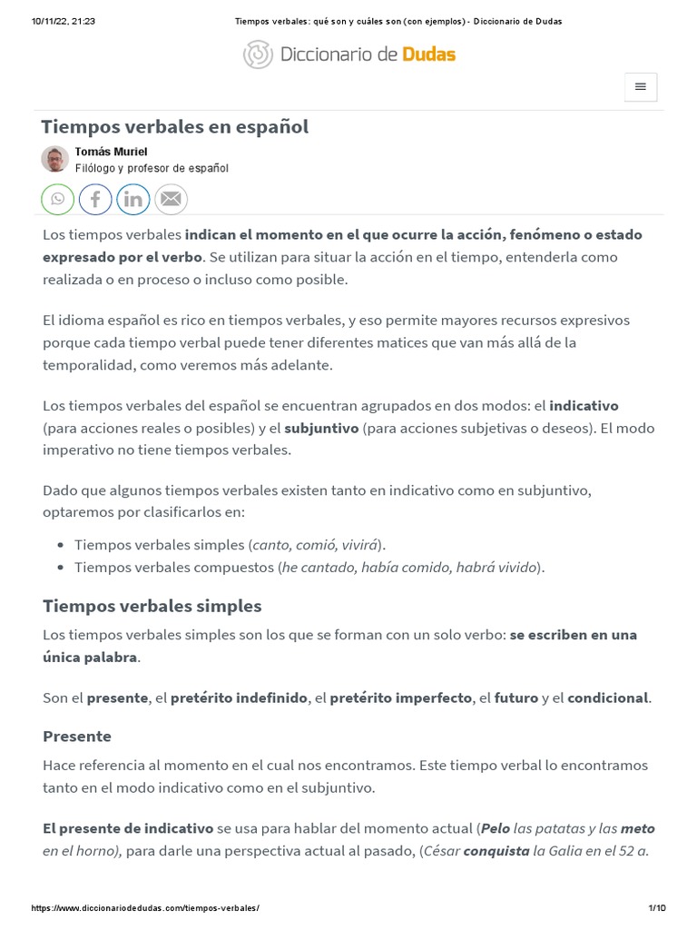 Tiempos verbales en español: guía y ejemplos | PDF | Verbo | Morfología ...