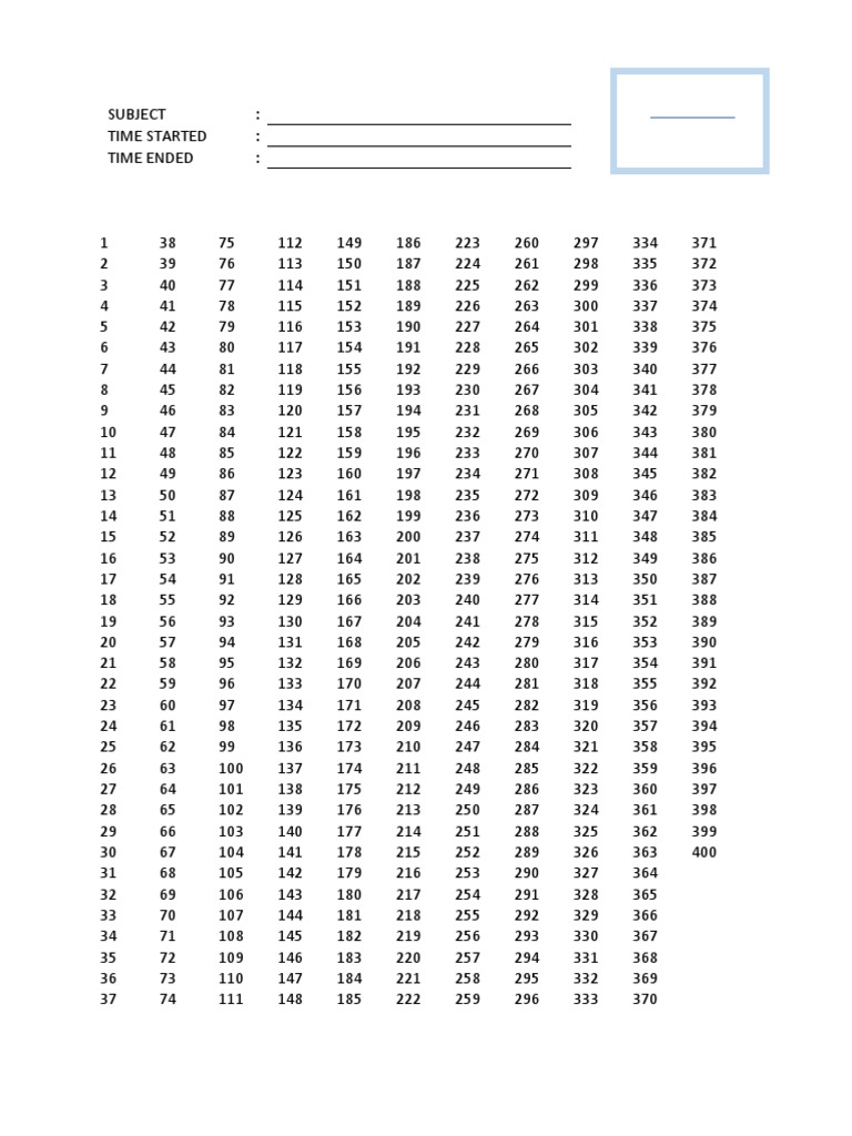 Numbering Sheets (1 400) | PDF