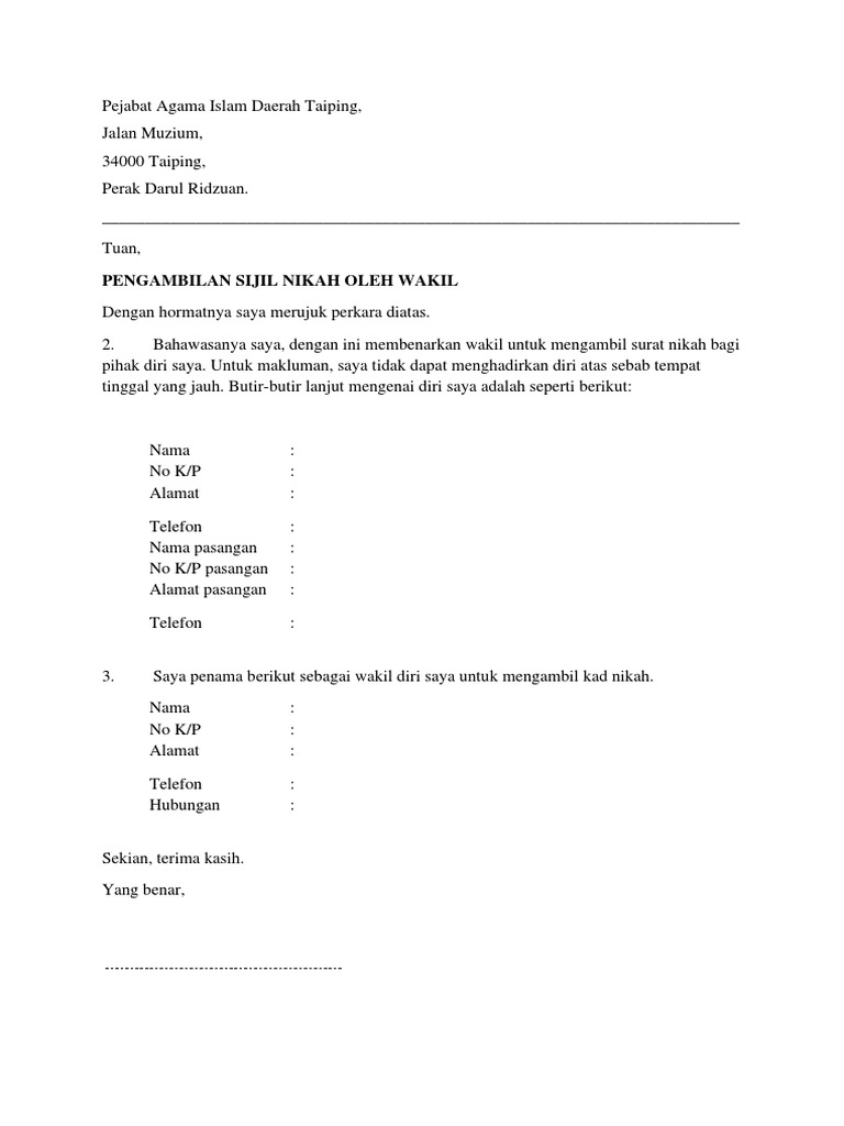 Surat Wakil Ambil Sijil Nikah | PDF