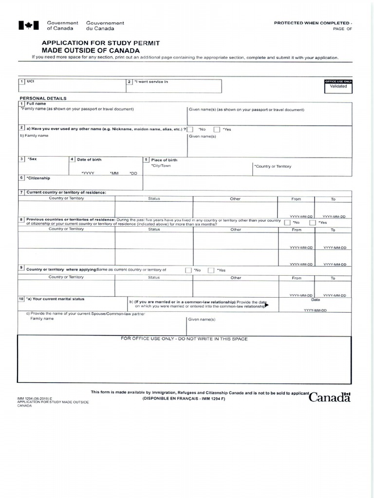 IMM 1294 Application For Study Permit | PDF