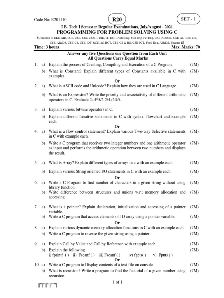 PROGRAMMING FOR PROBLEM SOLVING USING C July 2021 | PDF | C ...