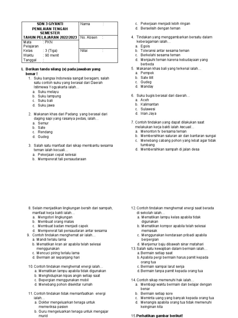 Soal PTS Kelas 3 Sem 2 PKN | PDF