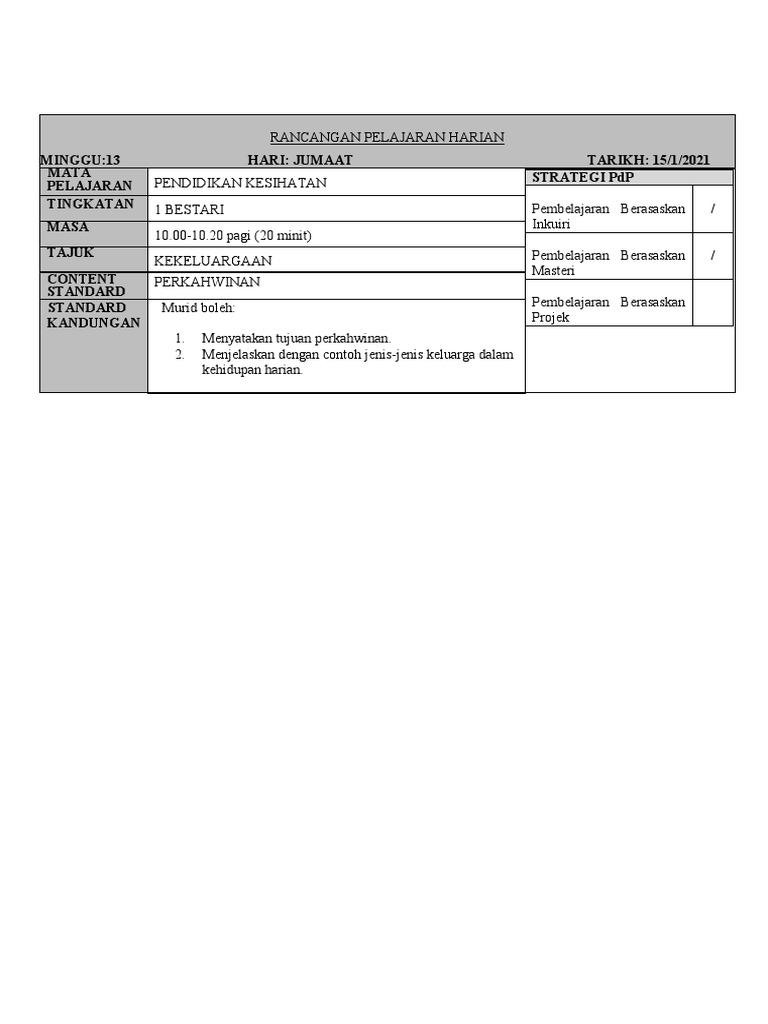 Contoh Rancangan Pengajaran Harian | PDF