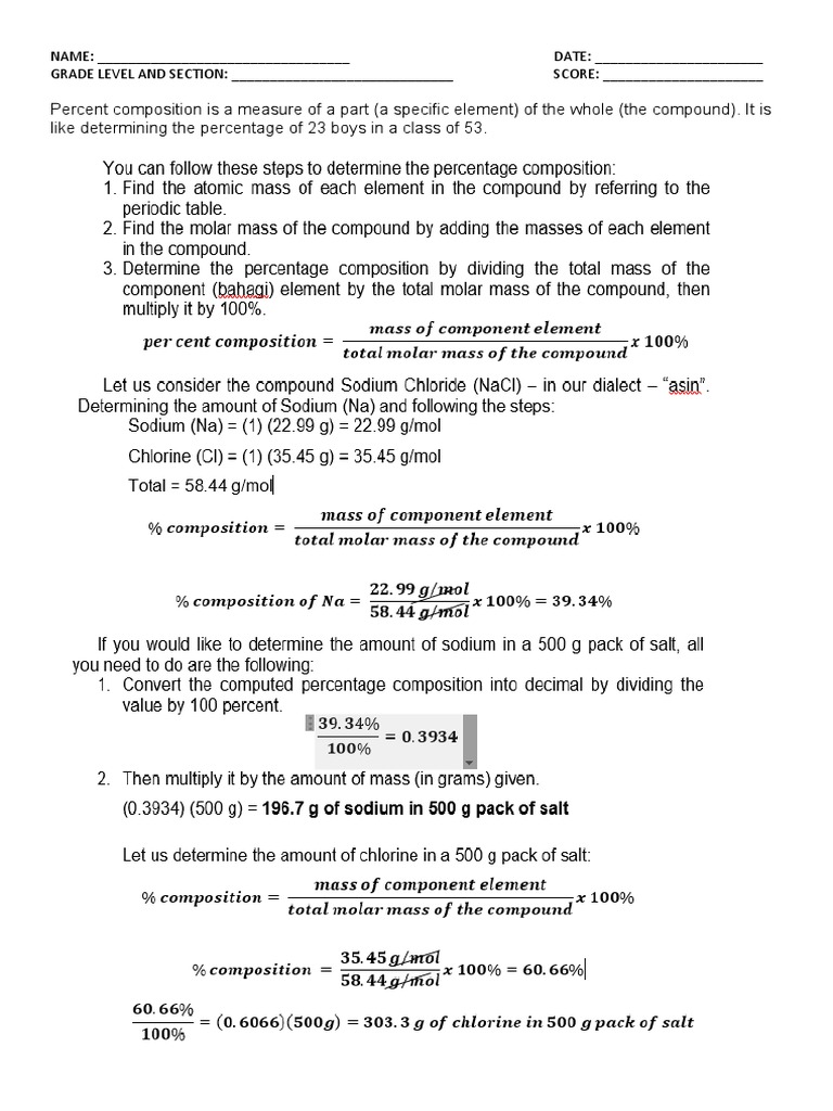 Science Quiz - Percent Composition | PDF