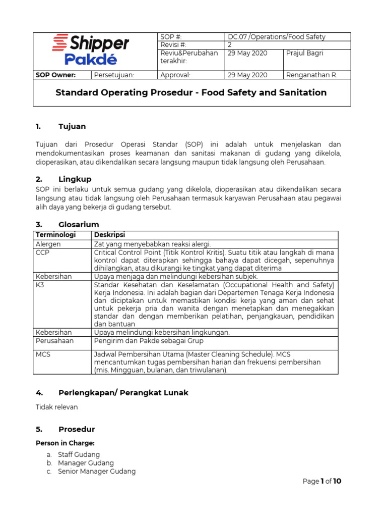 FOOD SAFETY AND SANITATION STANDARD OPERATING PROCEDURE | PDF