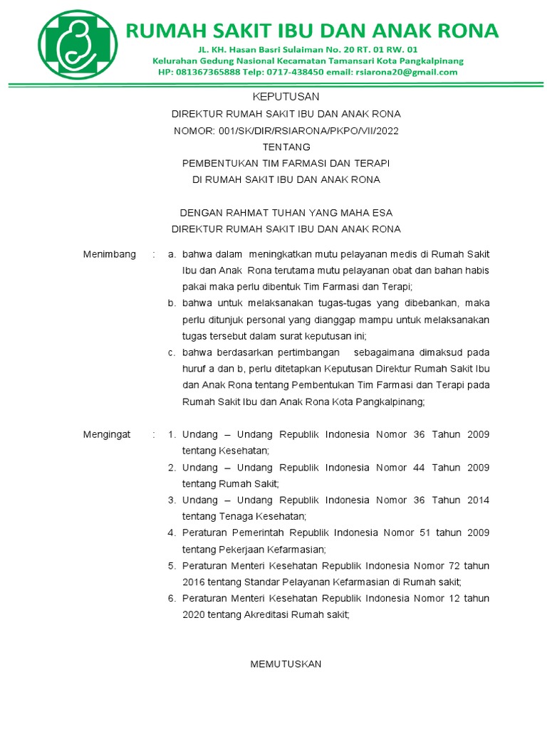 SK Pembentukan Tim Farmasi Dan Terapi | PDF