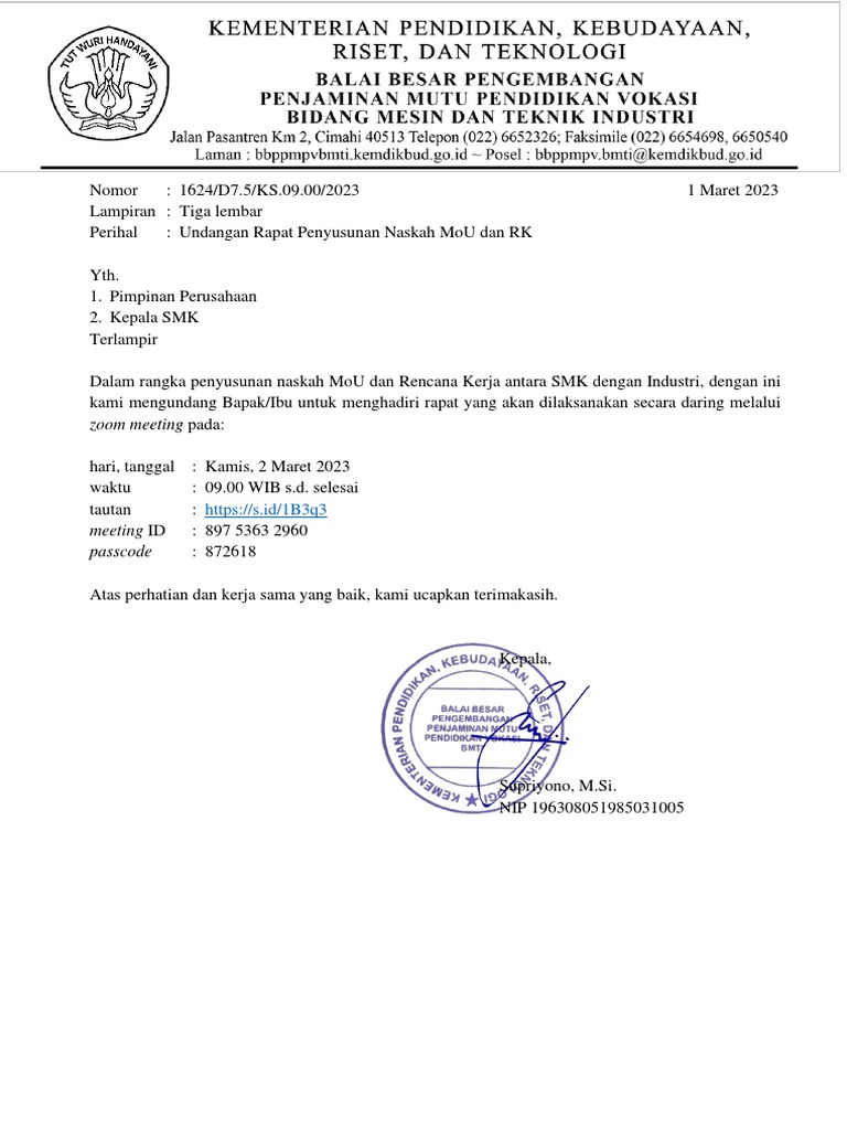 Undangan Rapat Penyusunan MoU SMK | PDF