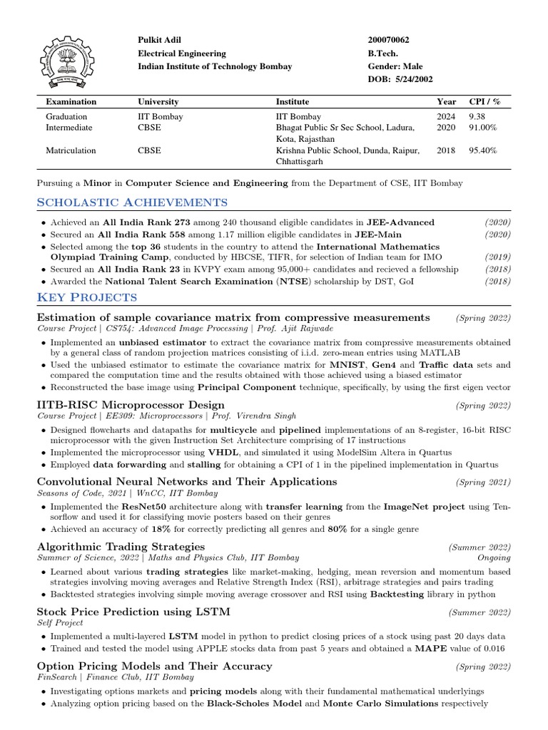 Resume Pulkit PDF | PDF | Mathematical Analysis | Option (Finance)
